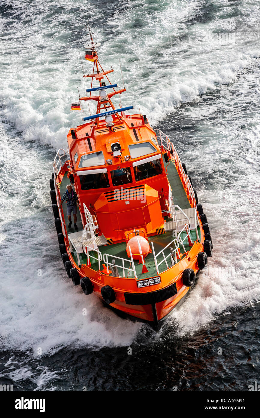 German Pilot Boat crashing through the waves at high speed at sea near ...