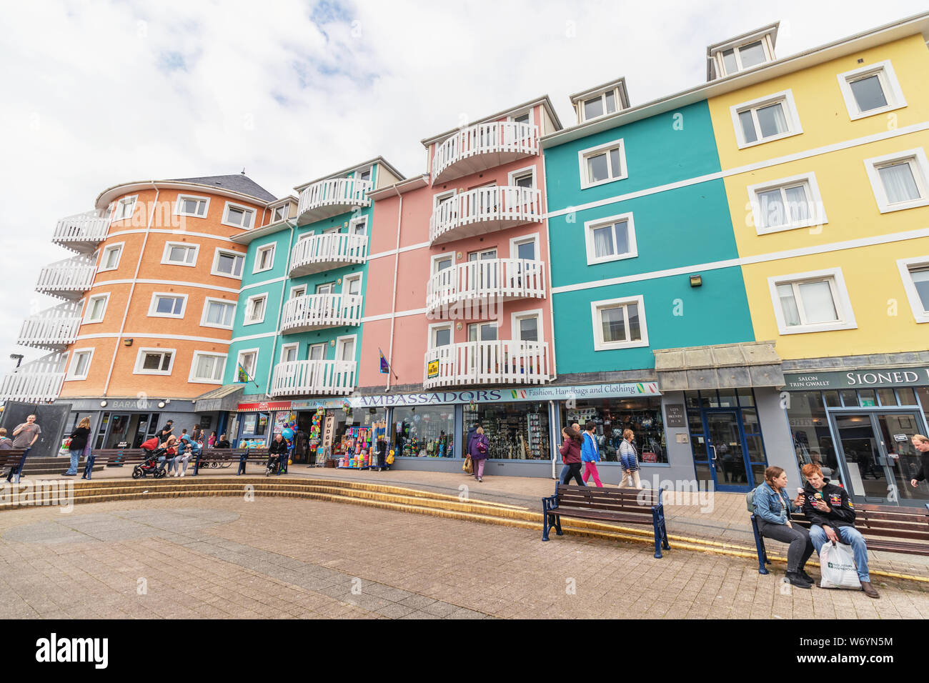 Aberystwyth, Wales / UK - July 20th 2019 - Colourful houses and shops ...