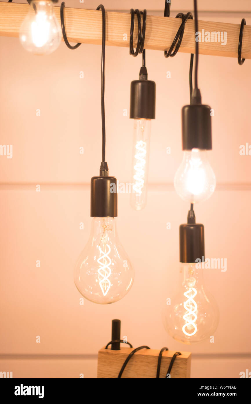 LED modern lights and bulbs on display in store lighting department ...