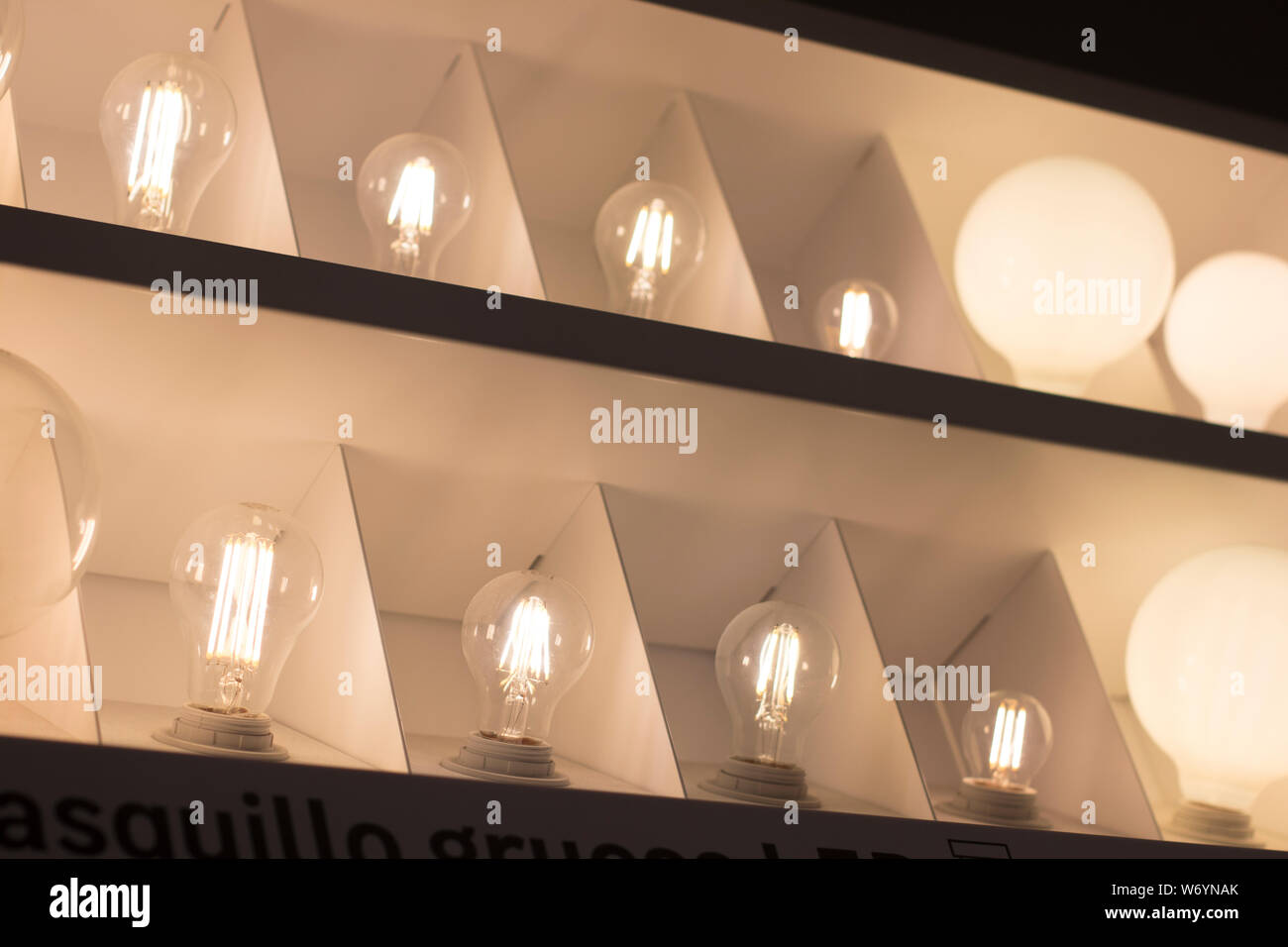 LED modern lights and bulbs on display in store lighting department ...