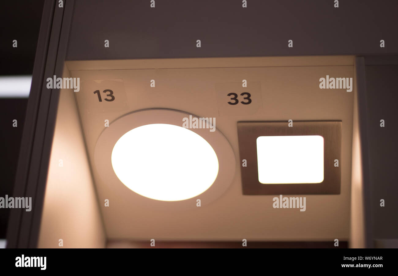 LED modern lights and bulbs on display in store lighting department ...