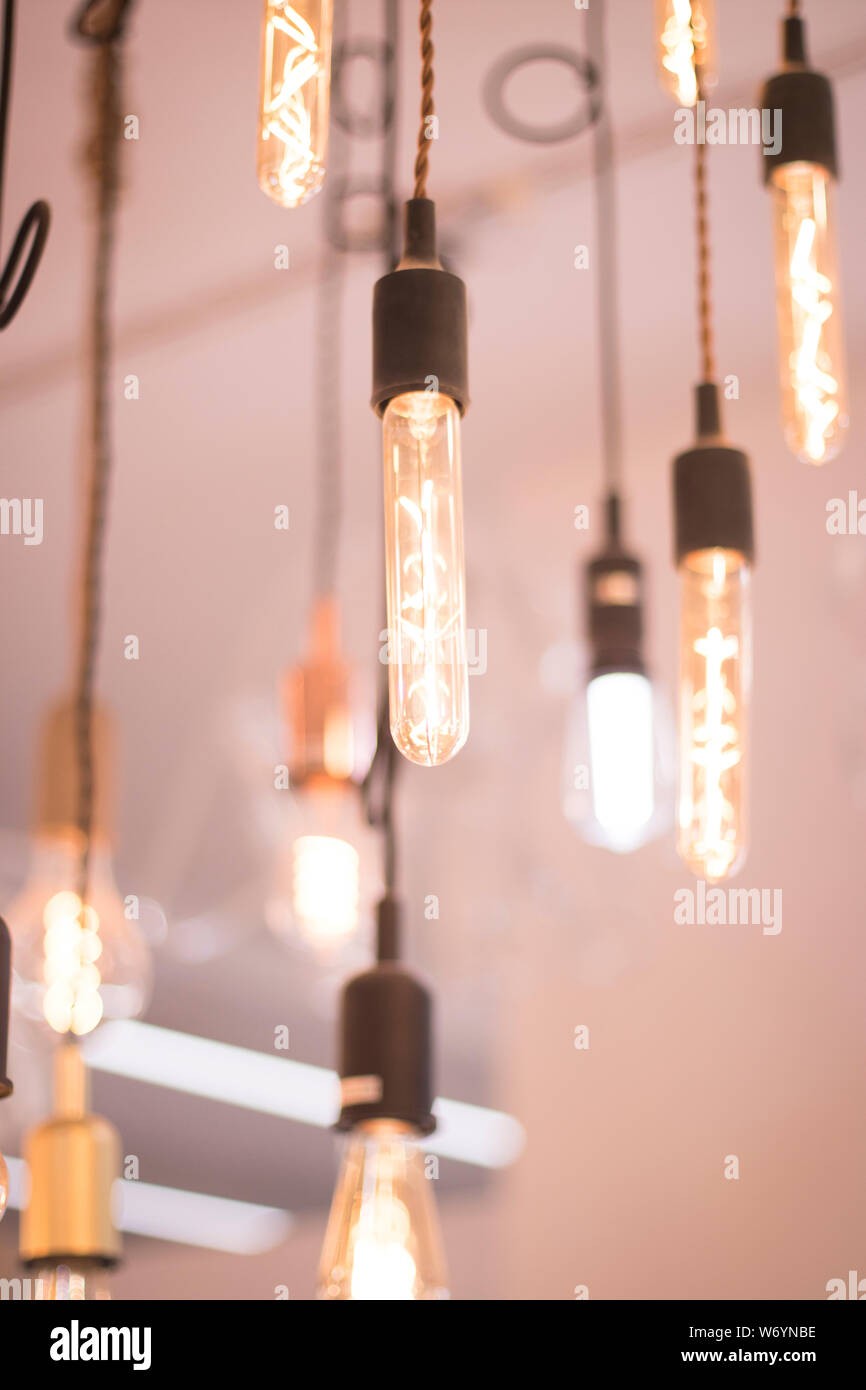 LED modern lights and bulbs on display in store lighting department ...