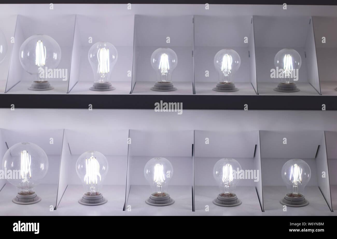 LED modern lights and bulbs on display in store lighting department ...
