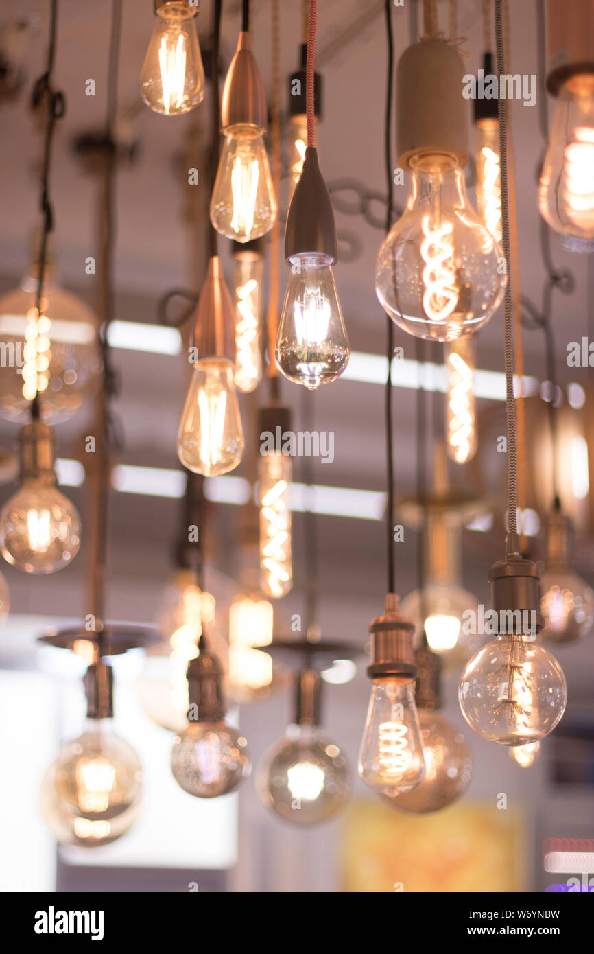 LED modern lights and bulbs on display in store lighting department ...