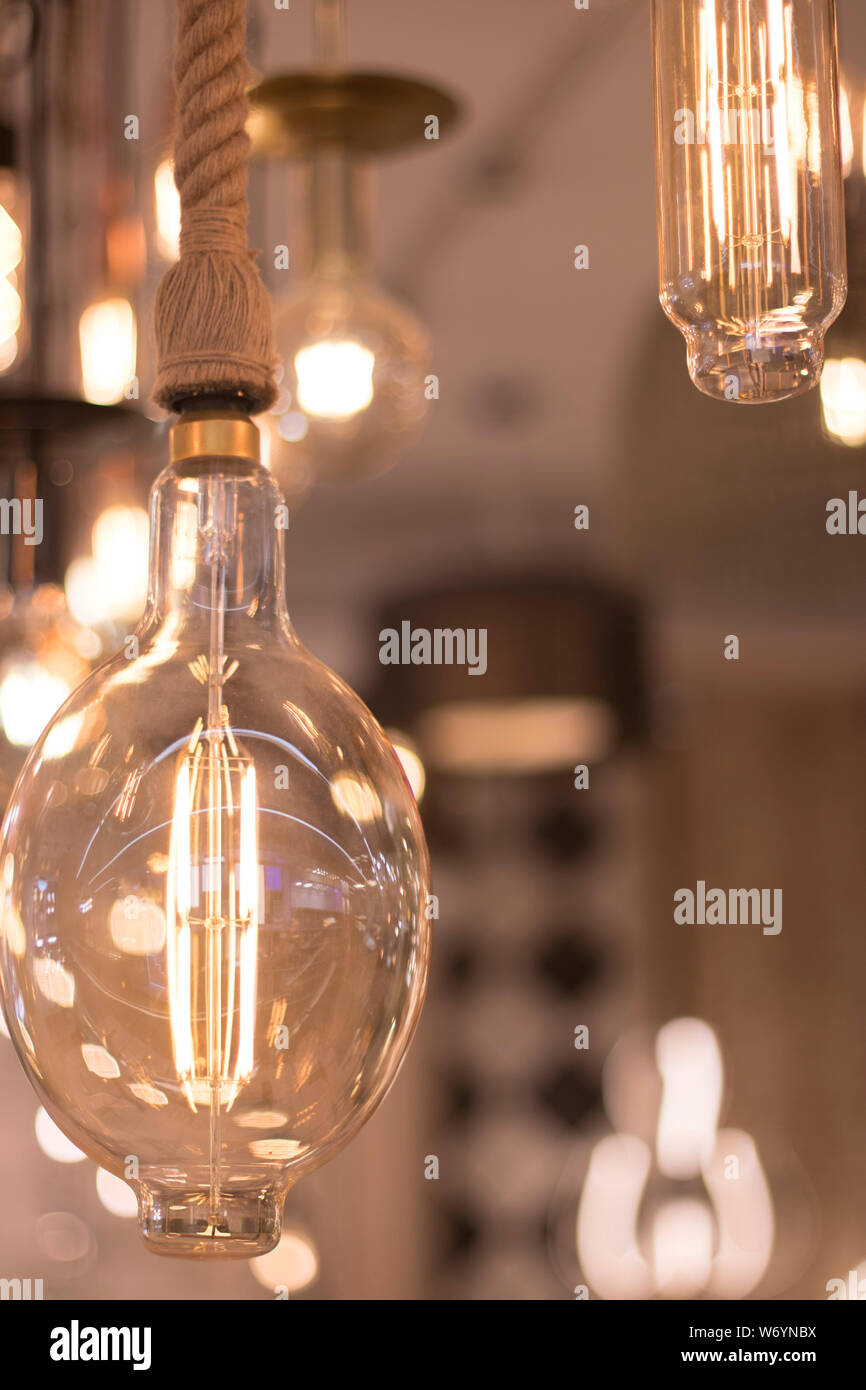 LED modern lights and bulbs on display in store lighting department ...