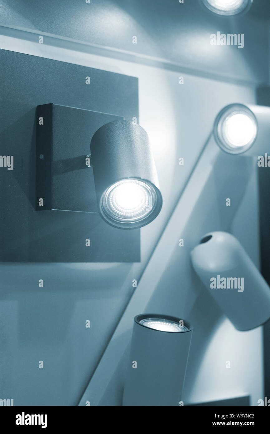LED modern lights and bulbs on display in store lighting department ...