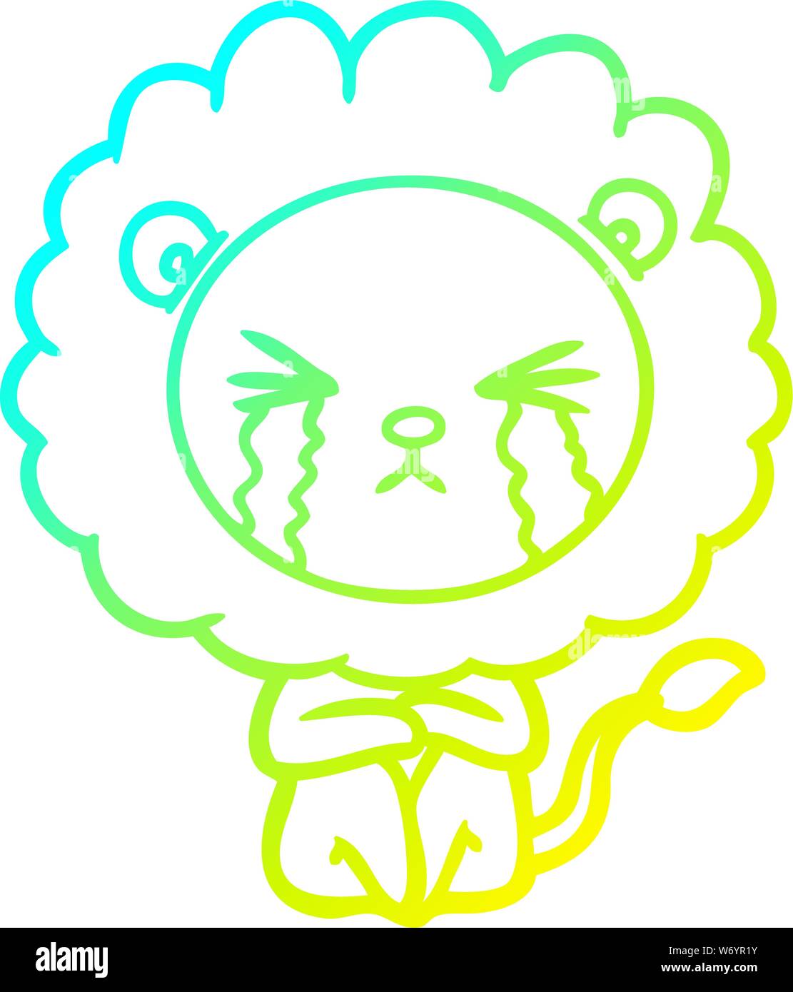 cold gradient line drawing of a cartoon crying lion sitting huddled up ...