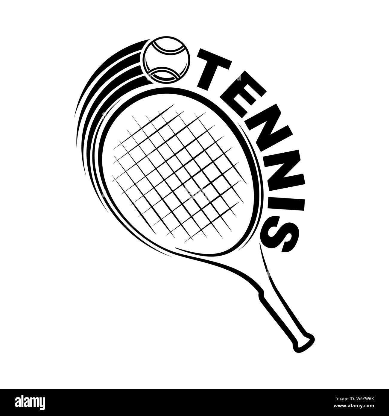 Black outline tennis racket and ball symbol with text isolated on white ...