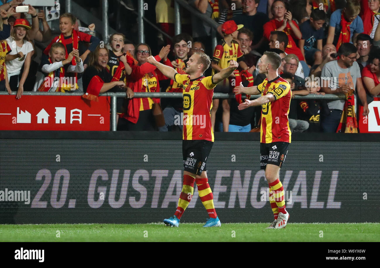 MECHELEN, BELGIUM - AUGUST 03: Gustav Engvall of Kv Mechelen celebrates ...