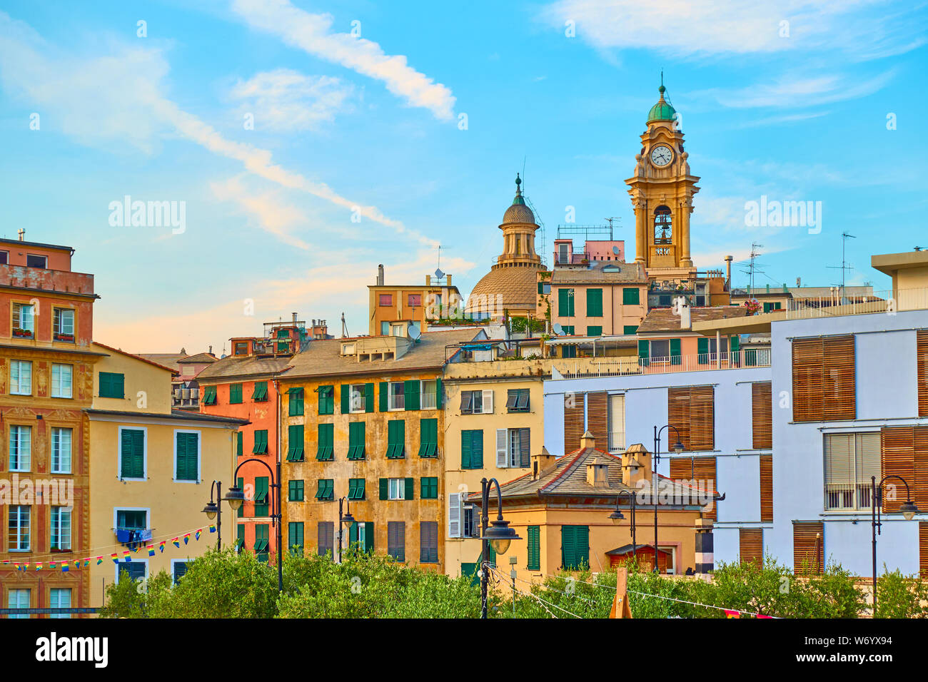 Genoa city at sunset, Liguria, Italy - Cityscape of old town Stock ...