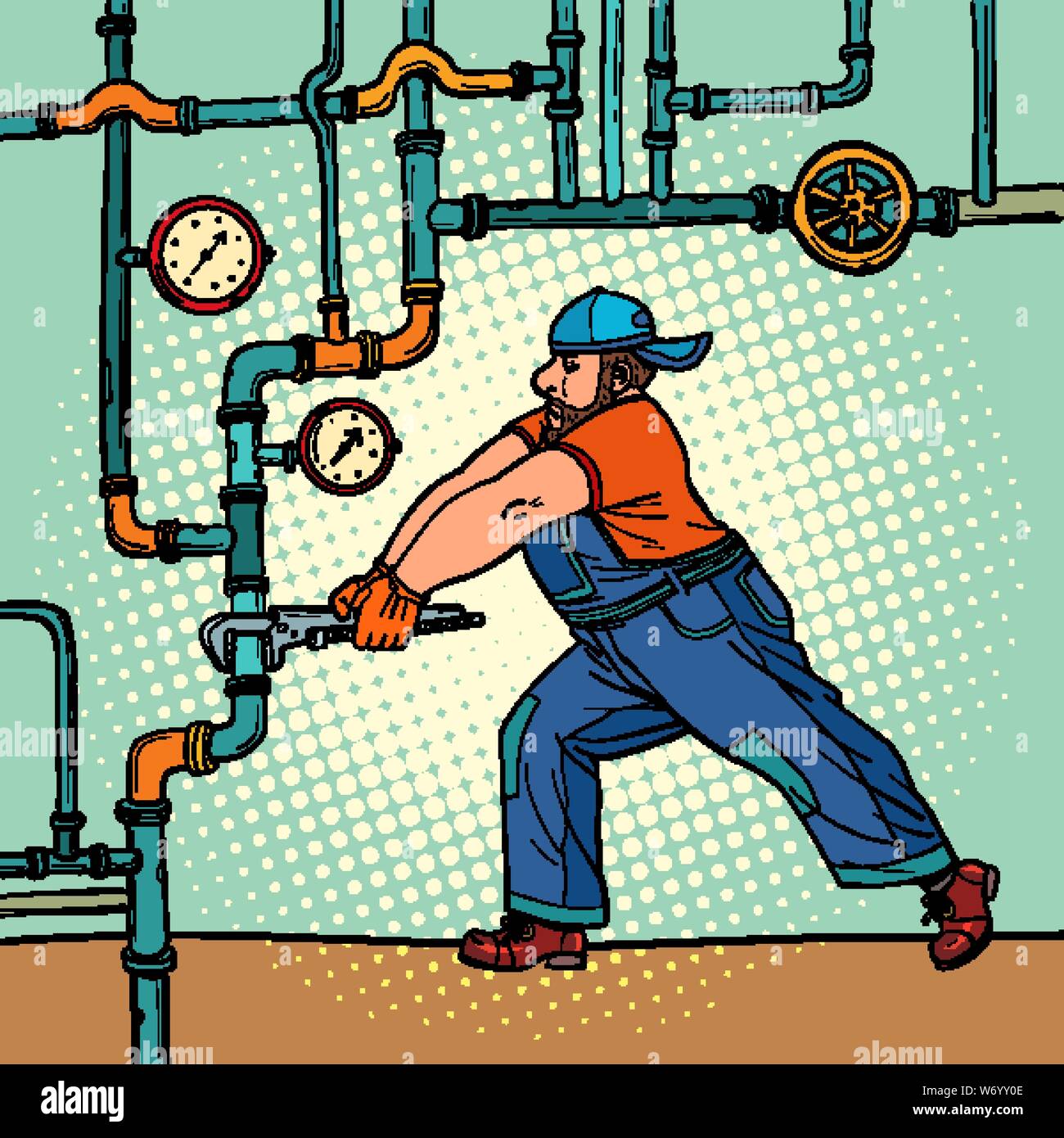 plumber repairs pipes. Pop art retro vector illustration drawing Stock ...