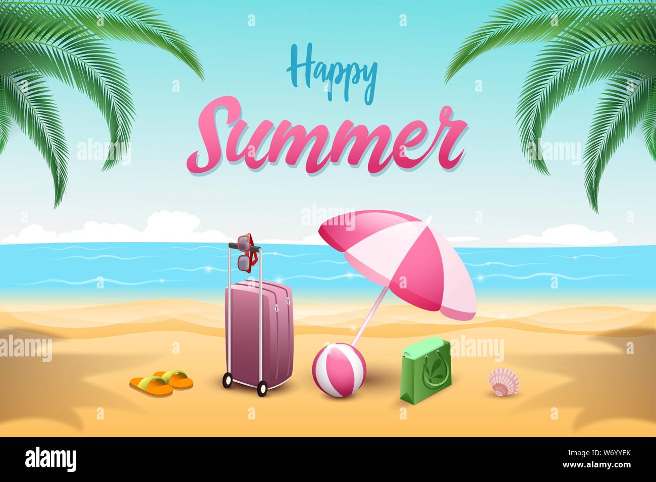 Summer vacation vector banner template. Tourists luggage with umbrella ...
