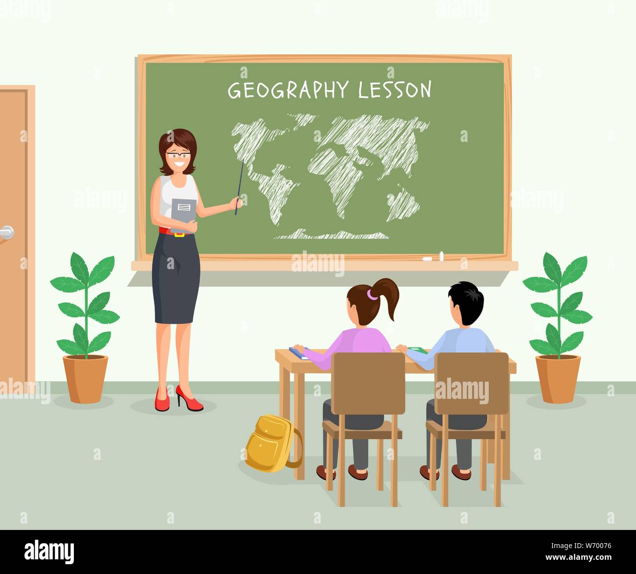 Teaching geography flat vector illustration. Female teacher with ...