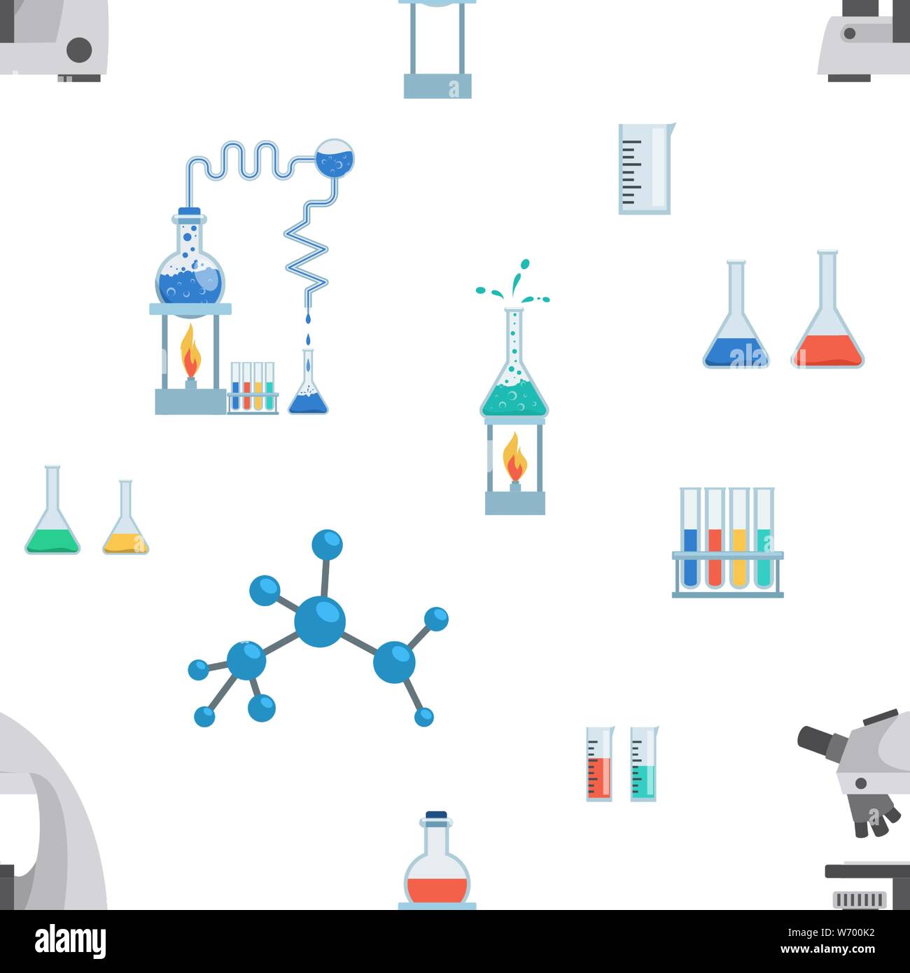 Lab equipment vector seamless pattern. Test tubes, chemistry beakers ...