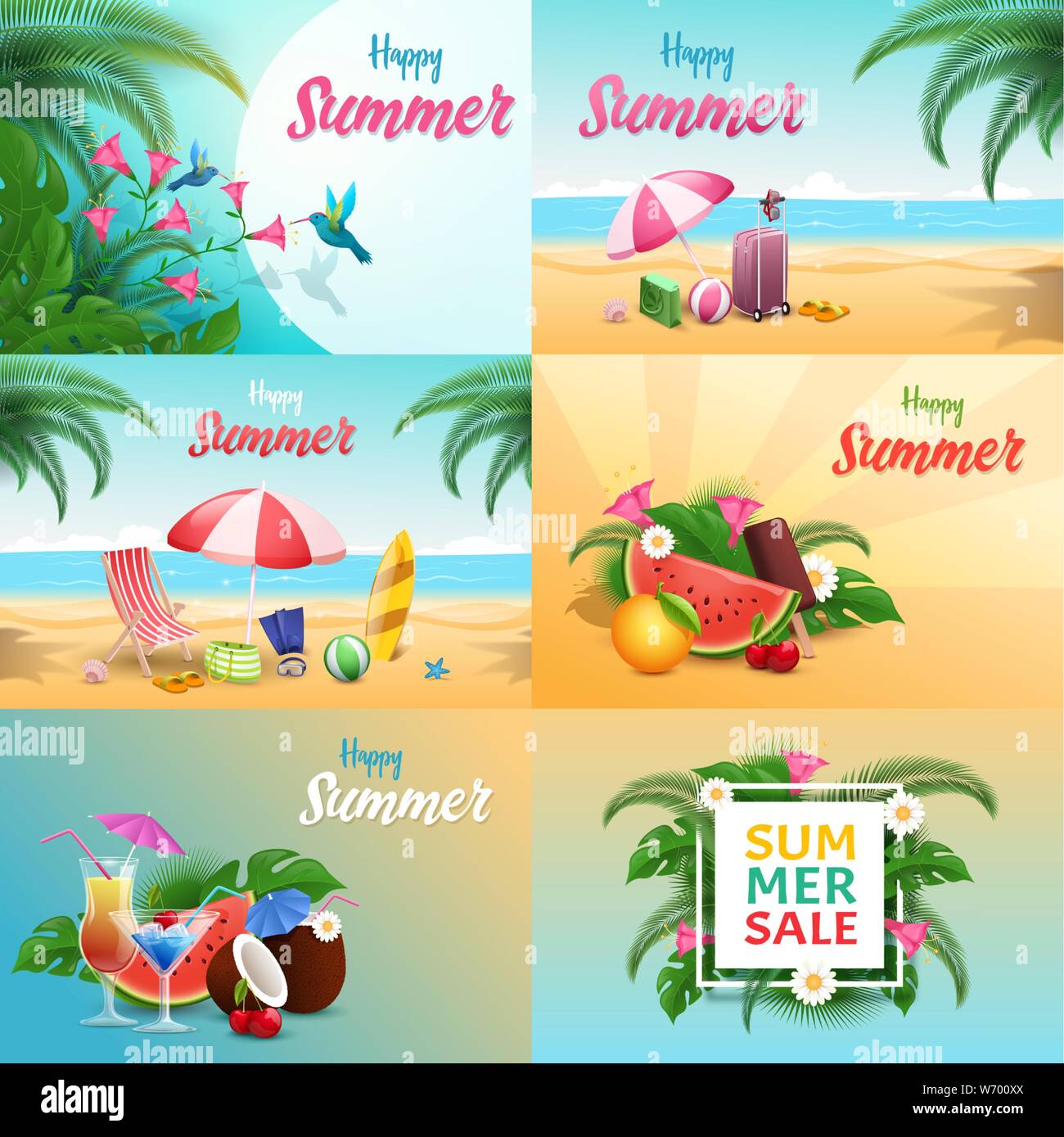 Summer relax flat vector banners set. Seaside resort, summertime ...