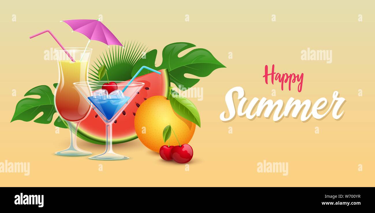 Summer drinks flat vector banner template. Tropical cocktails decorated ...