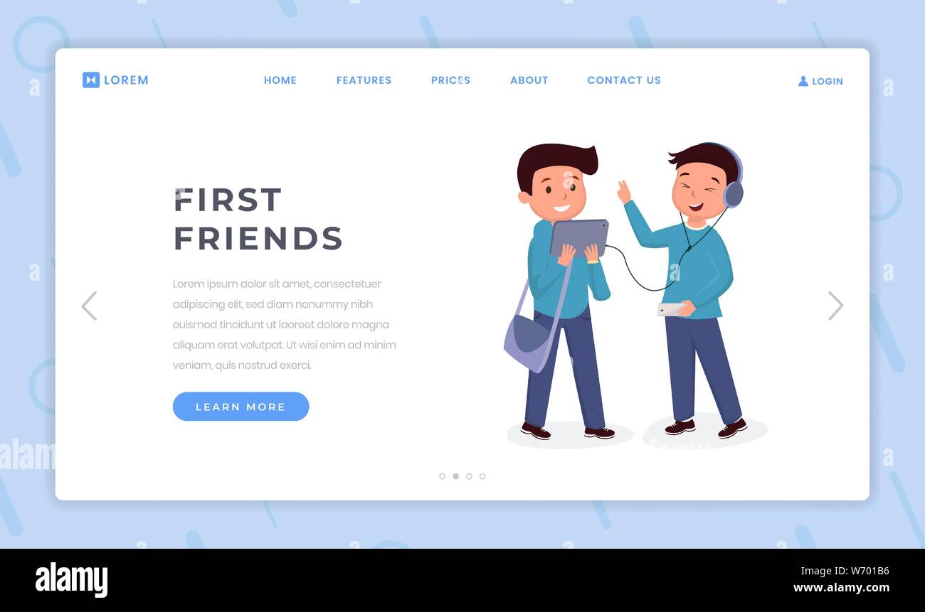 First friends landing page flat template. Boys wearing headphones ...