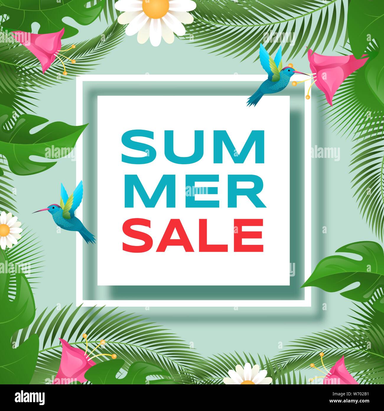 Summer discounts flat vector banner template. Exotic palm, monstera ...