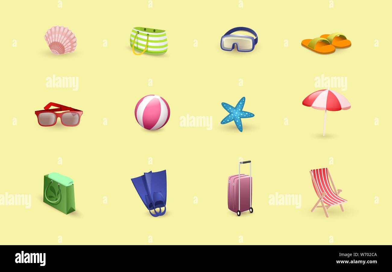Summertime relax flat vector illustrations set. Travelers items ...