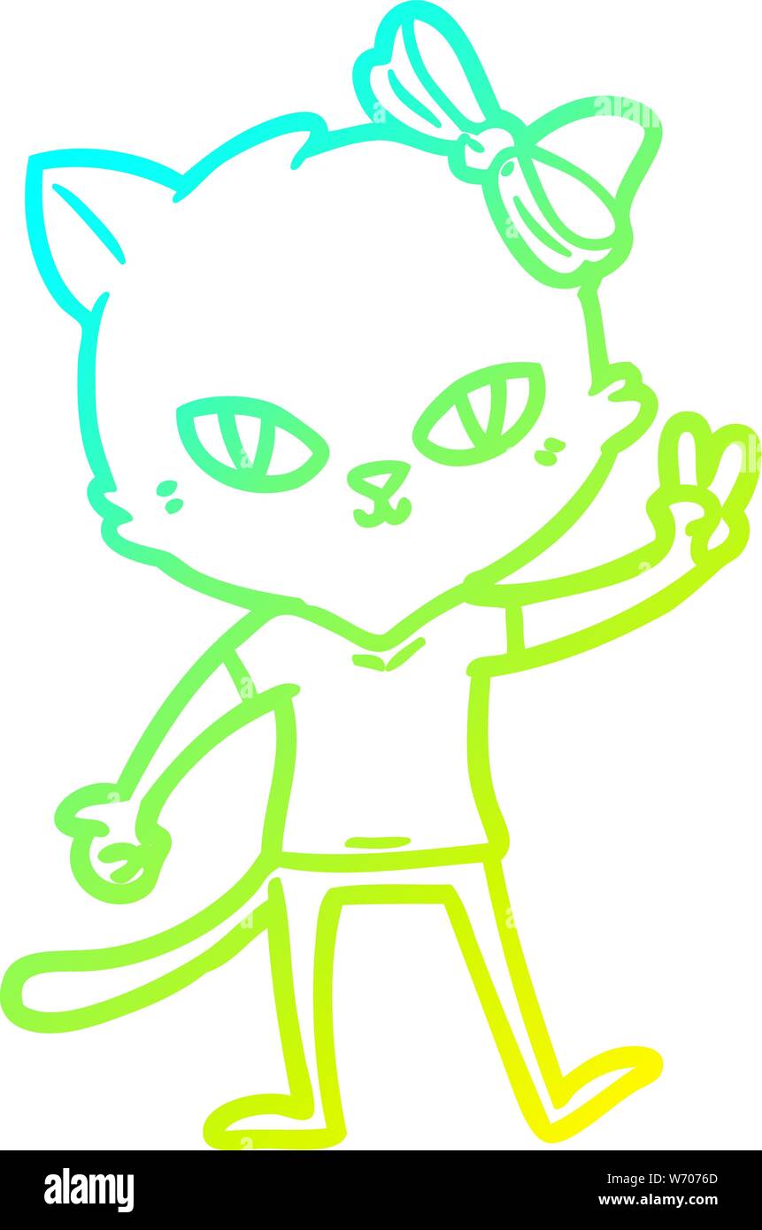 cold gradient line drawing of a cute cartoon cat girl giving peace sign ...