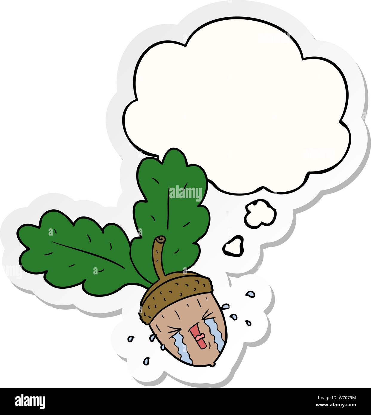 cartoon crying acorn with thought bubble as a printed sticker Stock ...