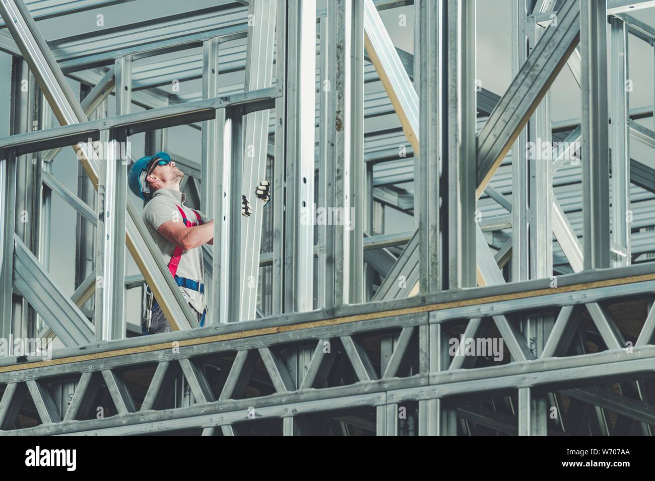 Construction Worker on Duty. Caucasian Men Building Steel Frame ...