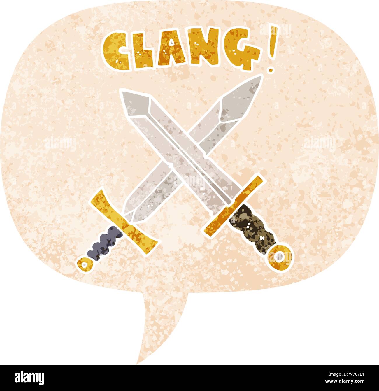 cartoon sword fight with speech bubble in grunge distressed retro ...
