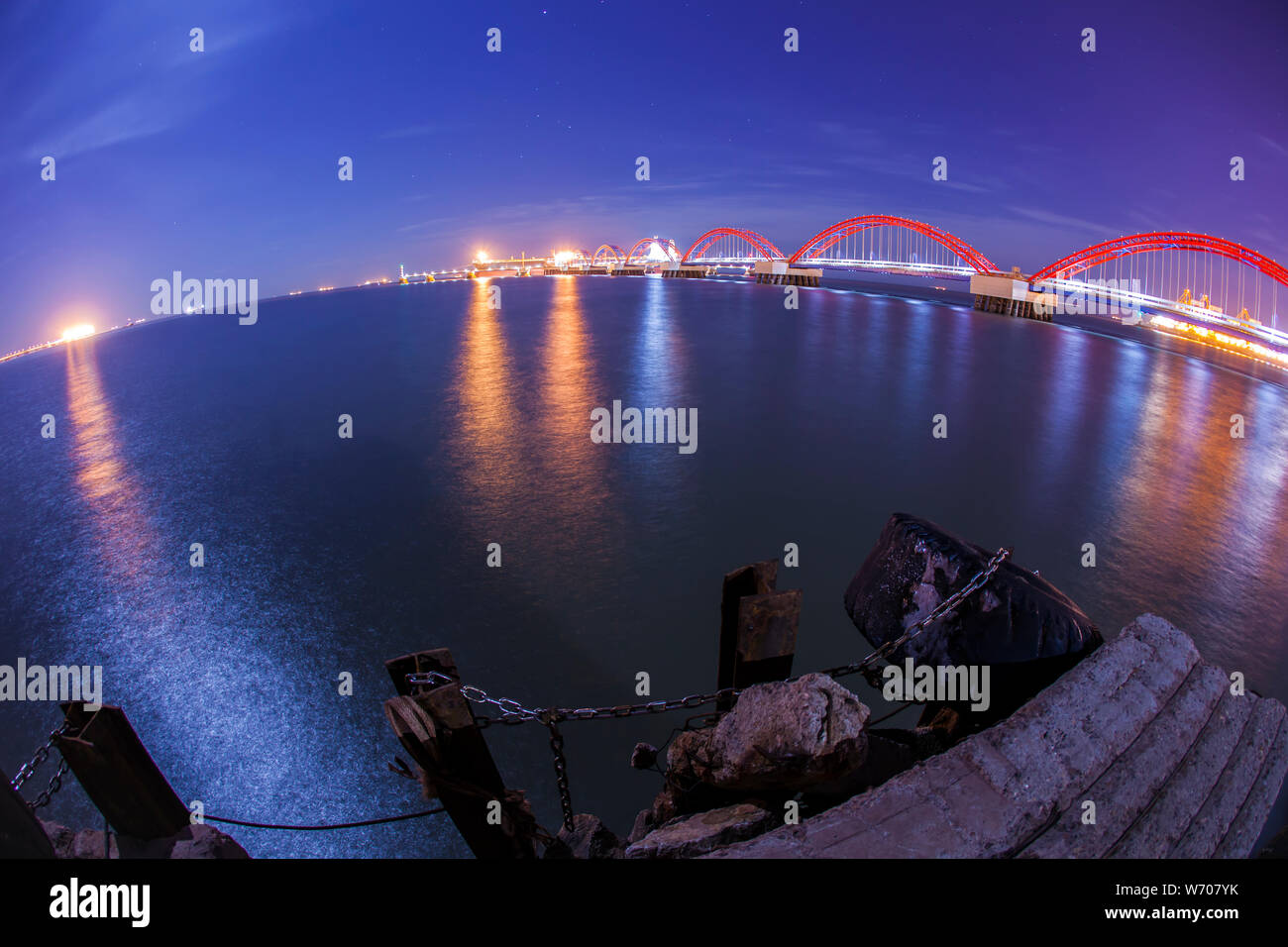 Container terminals and Bridges, cargo terminals in the evening Stock ...