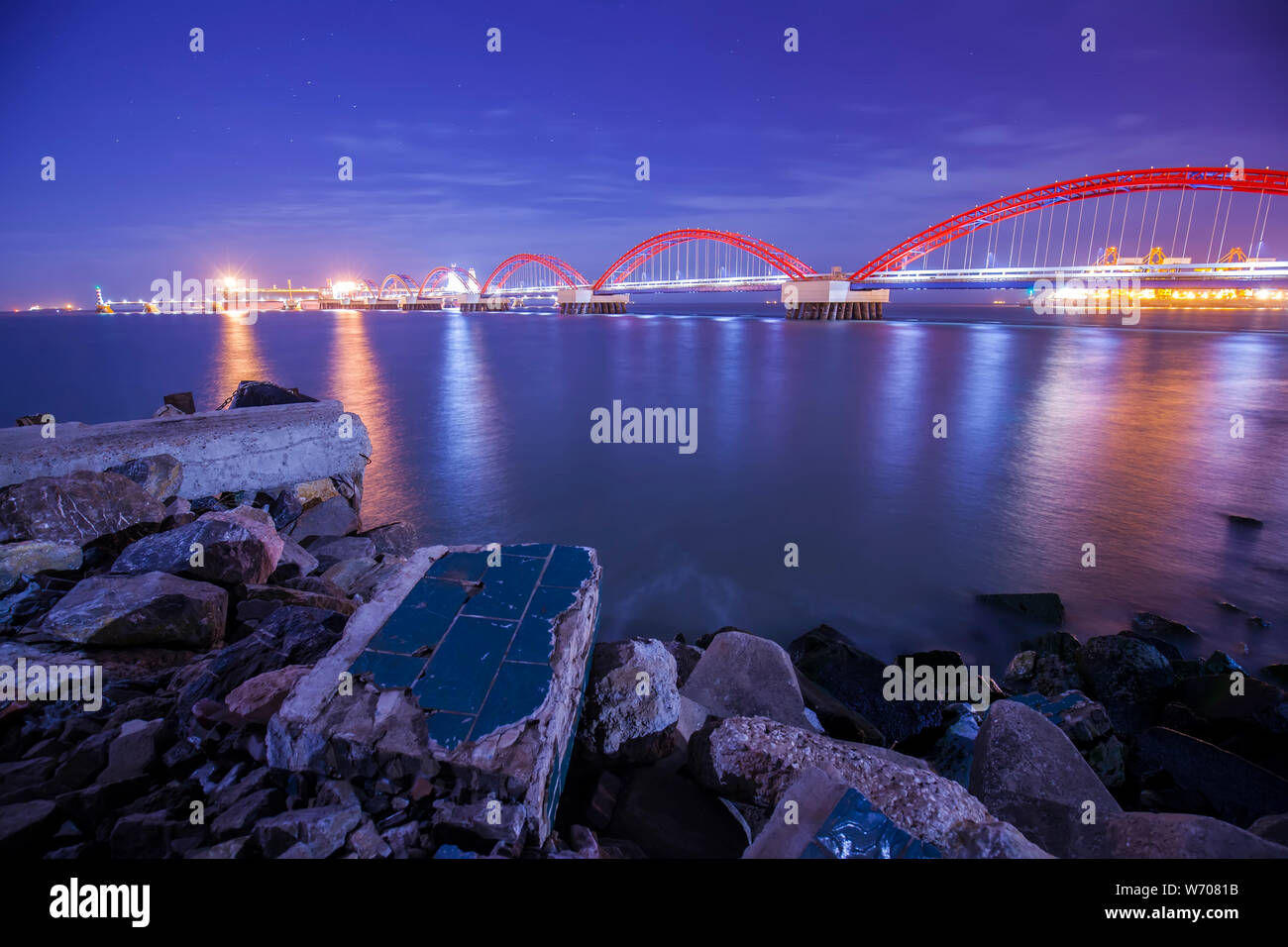 Container terminals and Bridges, cargo terminals in the evening Stock ...