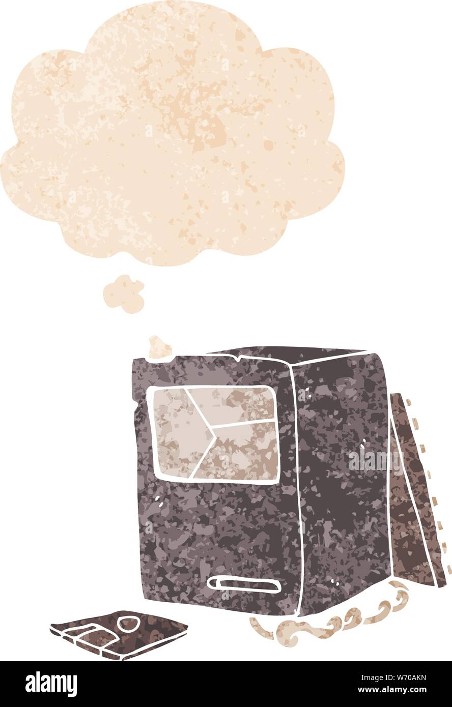 cartoon broken old computer with thought bubble in grunge distressed ...