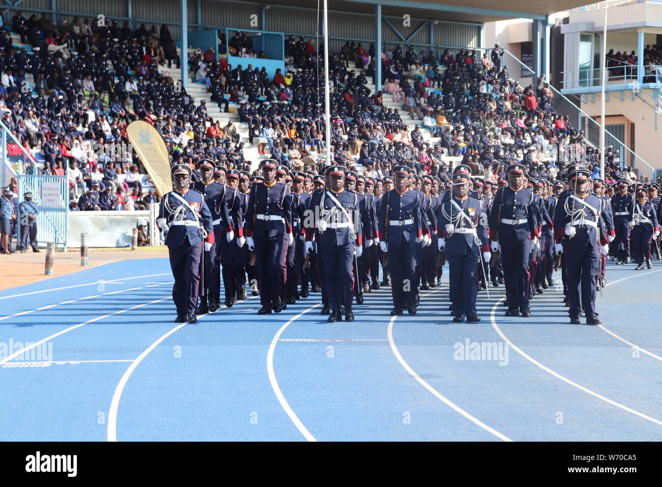 Gaborone. 3rd Aug, 2019. Police officers march during a celebration in ...