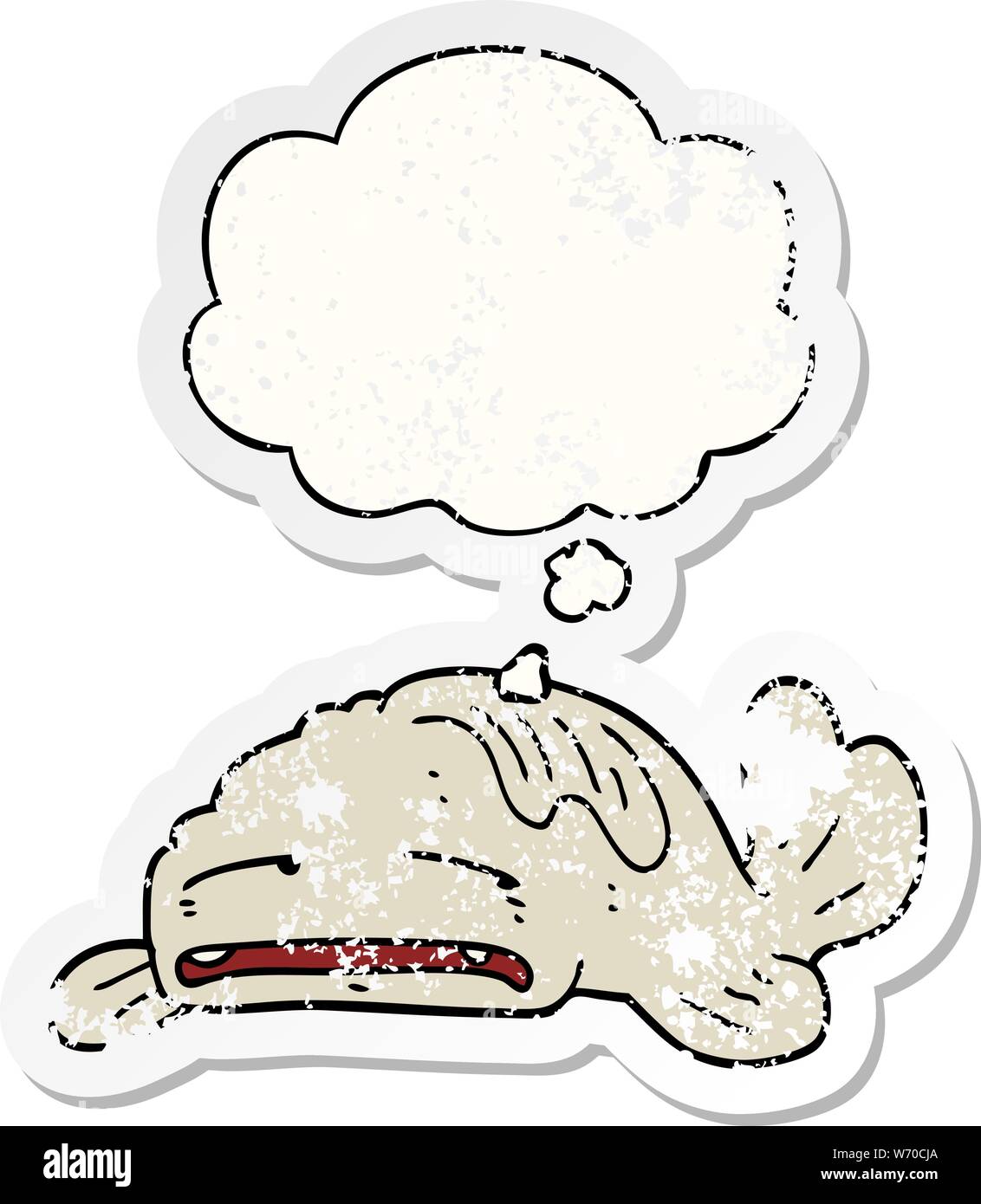 cartoon sad old fish with thought bubble as a distressed worn sticker ...