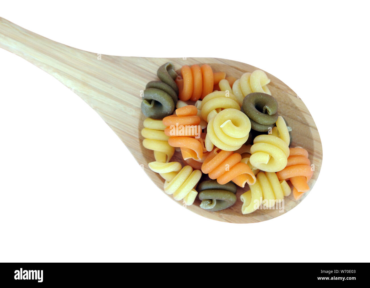 colorful trottole pasta shape on wooden spoon isolated on white Stock ...