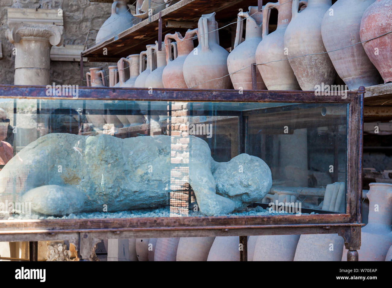 Plaster cast of an inhabitant and artifacts in the Forum Granary of the ...