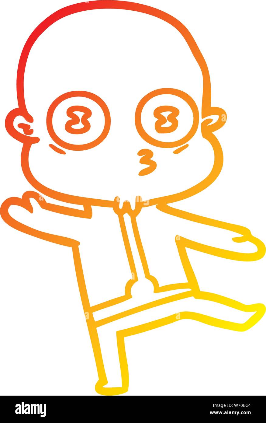 warm gradient line drawing of a cartoon weird bald spaceman dancing ...