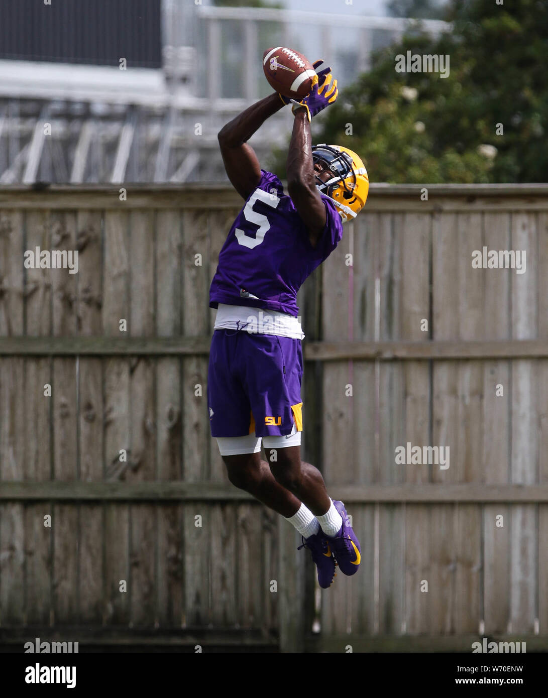 August 3, 2019: LSU defensive back Kary Vincent Jr. (5) goes up for a ...