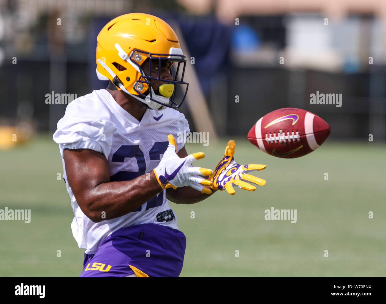 August 3, 2019: LSU running back Clyde Edwards-Helaire (22) watches the ...