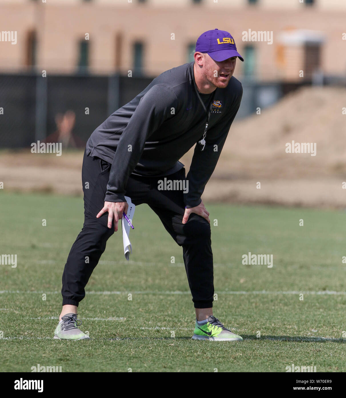 August 3, 2019: LSU assistant coach Joe Brady watches the quarterbacks ...