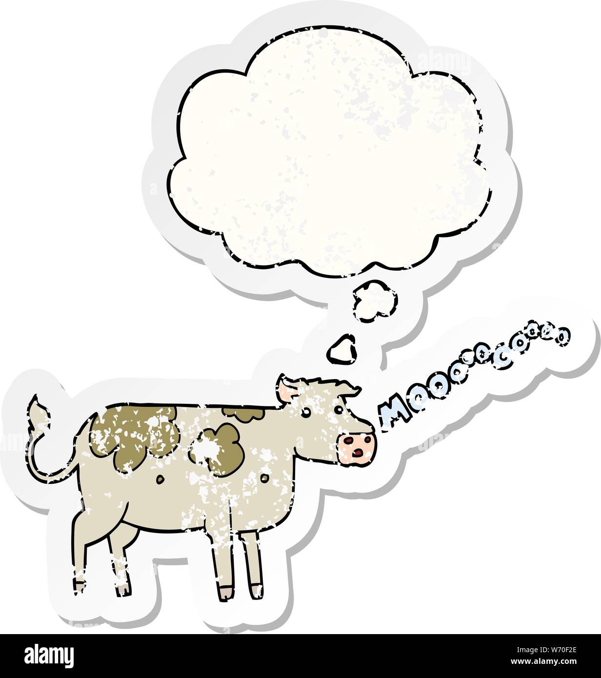 cartoon cow with thought bubble as a distressed worn sticker Stock ...