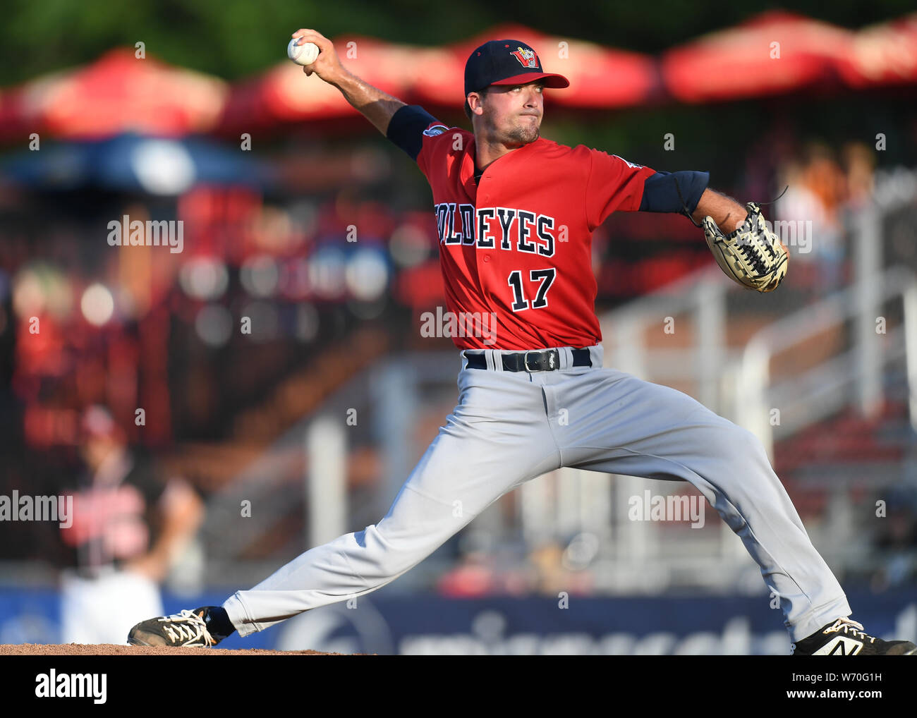 August 3, 2019: Winnipeg Goldeyes pitcher Mitchell Aker (17) delivers a ...