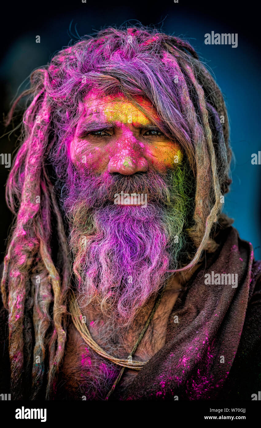 Portrait of a sadhu baba during Holi Celebrations at Mathura ...