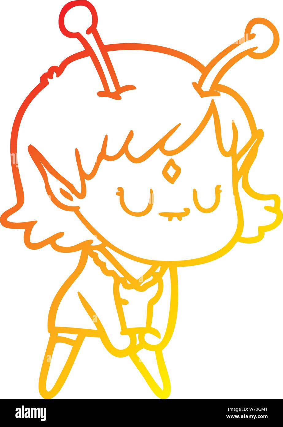 warm gradient line drawing of a cartoon alien girl doing muscle pose ...