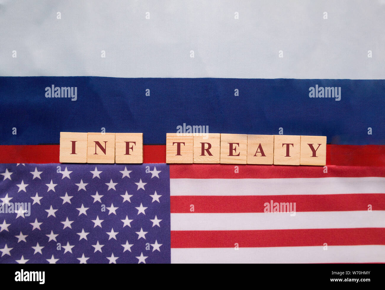 INF Treaty written wooden block letters in between the US and Russian ...