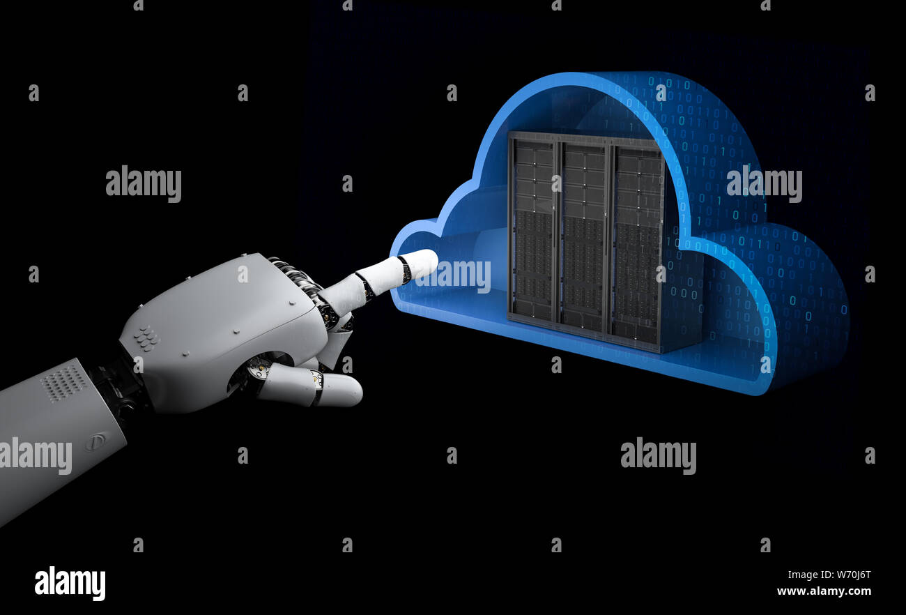 Cloud computing technology with 3d rendering server in cloud with robotic hand Stock Photo - Alamy