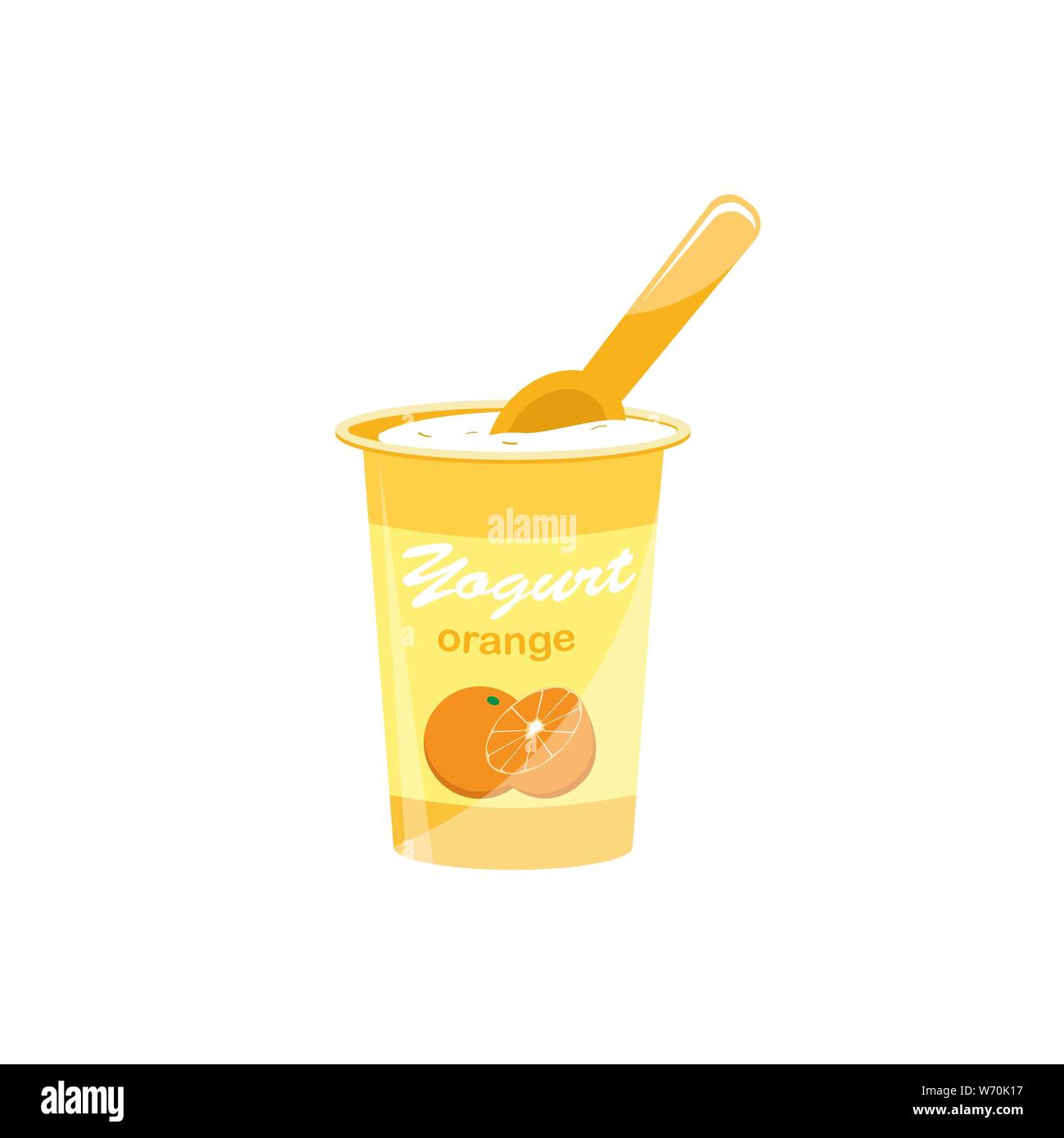 Packing yogurt with a teaspoon. Orange flavored yogurt. Vector ...