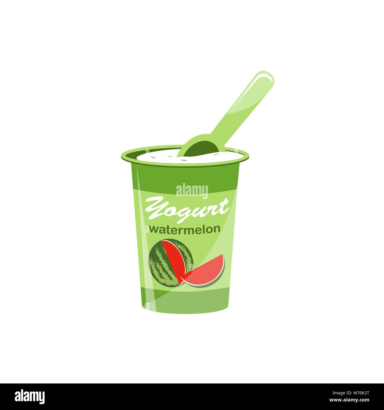 Packing yogurt with a teaspoon. Watermelon-flavored yogurt. Vector ...