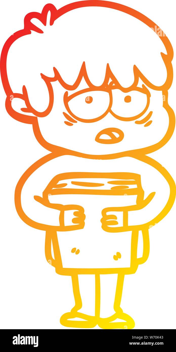 warm gradient line drawing of a cartoon exhausted boy holding book ...