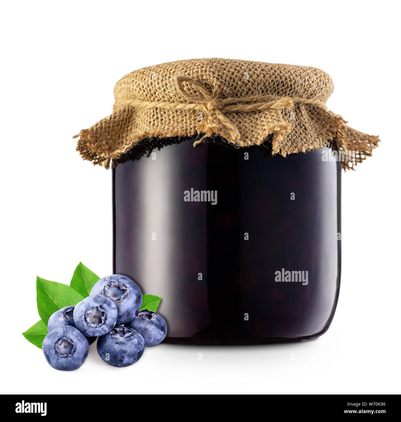 blueberry jam in glass jar covered with burlap isolated on white ...