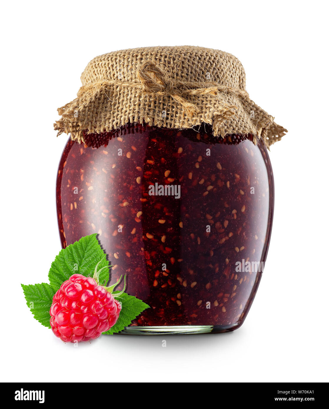 raspberry jam in glass jar covered with burlap isolated on white ...