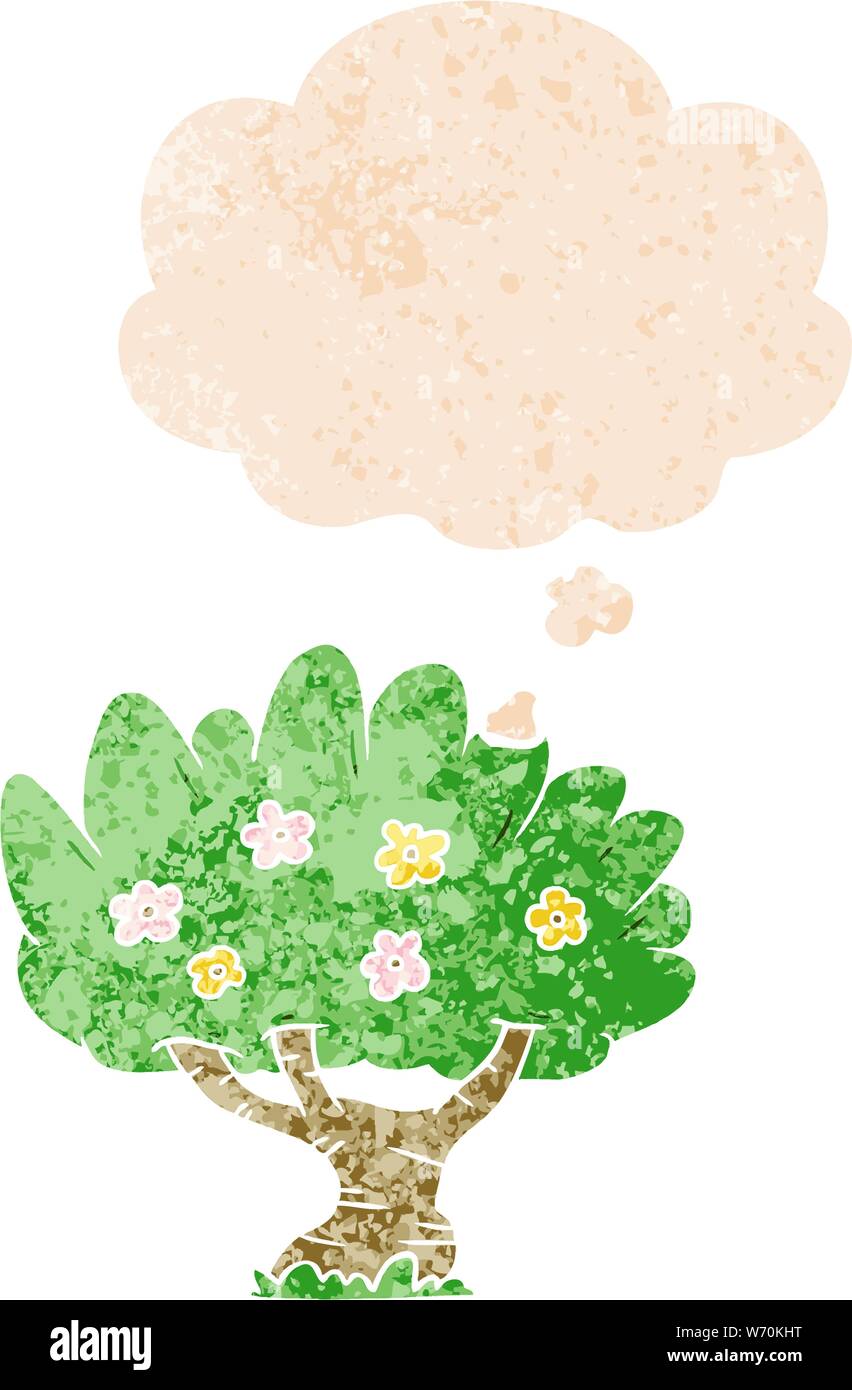 cartoon tree with thought bubble in grunge distressed retro textured ...